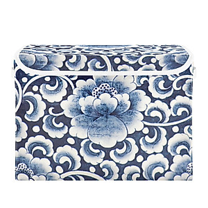 VIGTRO Blue and White Flower Storage Bins with Lids Foldable Storage Boxes with 2 Handles, Chinese Tradition Decorative Storage Basket Collapsible for Clothes Books
