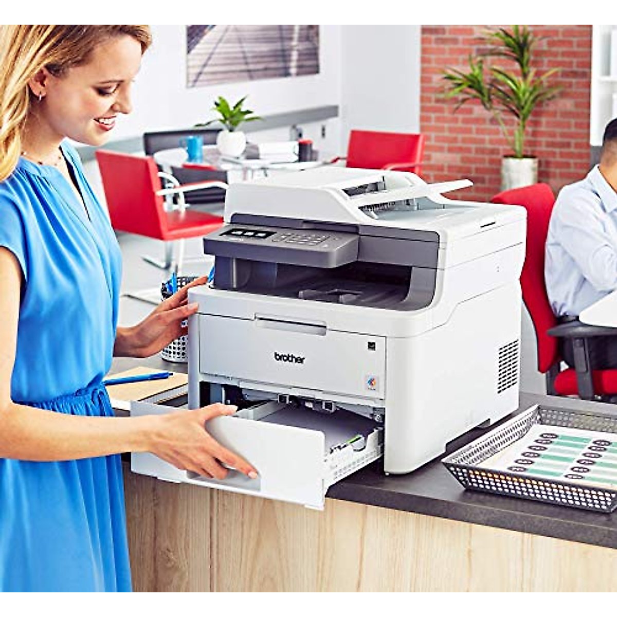 Brother MFC-L3710CW Compact Digital Color All-in-One Laser Printer, Wireless Printing, Print Scan Copy Fax, 19 ppm, 250-sheet, Built-in Wireless, 600x600DPI, 512 MB, Bundle with JAWFOAL Printer Cable