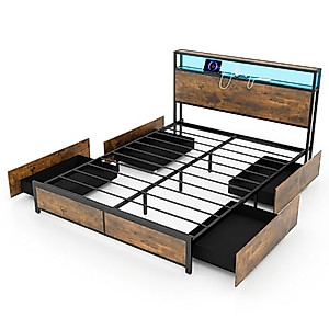Giantex Queen Bed Frame with LED Lights Headboard and 4 Storage Drawers, Metal Platform Bed with Outlets and USB Ports Charging Station, Smart LED Bed Frame, Easy Assembly, No Box Spring Needed