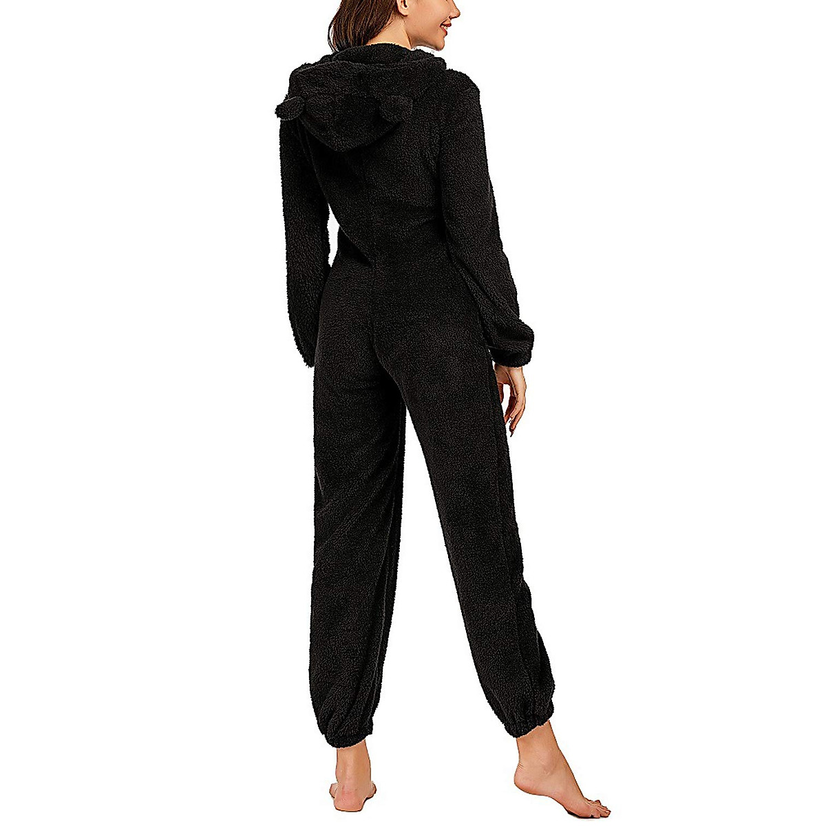 chouyatou Women's Ultra Comfy Lounge Furry Sherpa Romper Onesie Pajamas Cute Ear Hood (Large, Black)