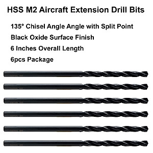 MAXTOOL 3/32"x6" 6pcs Identical Aircraft Extension Drills HSS M2 Extra Long Deep Twist Drill Bits Straight Shank Fully Ground Black; ACF02B06R06P6