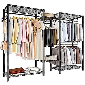 IDEALHOUSE Garment Rack, Heavy Duty Clothes Rack for Hanging Clothes Capacity 900 LBS, Bedroom Clothing Rack Freestanding Metal Closet Wardrobe Rack with Shelves (1''D)