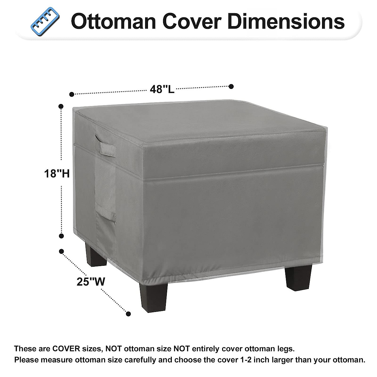OutdoorLines Outdoor Waterproof Patio Ottoman Covers - Rectangle UV-Proof Patio Side Table Cover Windproof Heavy-Duty Furniture Covering Protector 48L x 25W x 18H Inch, Grey