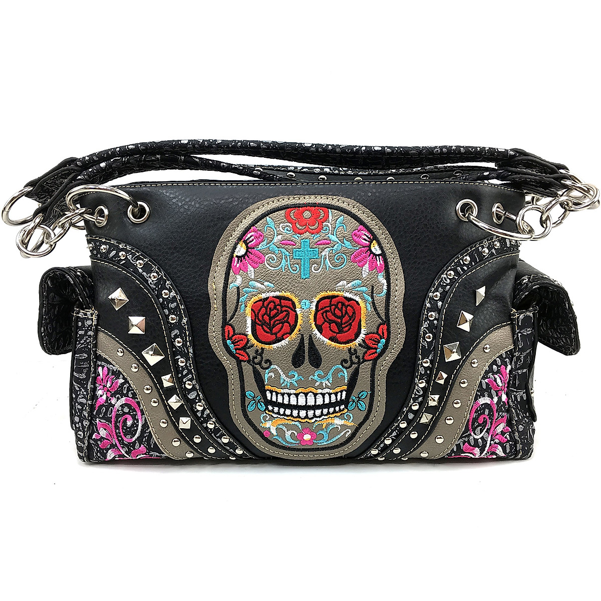 Justin West Fashion Floral Embroidery Rhinestone Skull Shoulder Concealed Carry Handbag Purse (Black Sugar Handbag Wallet Set)