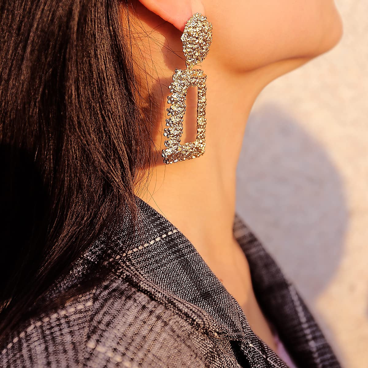 Gold Statement Geometric Dangle Earrings, Big Rectangle Drop Earrings for Women