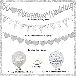 60th Anniversary Decorations, 60th Diamond Wedding Glitter Banners, 60th Anniversary Bunting Flag and Balloons for Anniversary Party Supplies