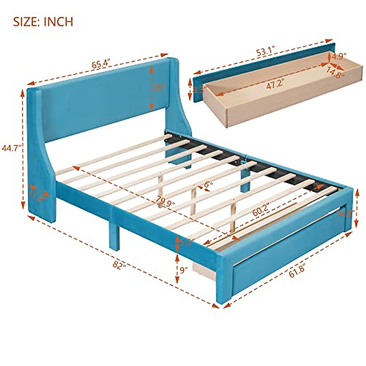 HBRR Queen Size Bed Frame with Drawer and Headboard, Velvet Upholstered Platform Bed with Wood Slats, Mattress Foundation, No Box Spring Needed, Easy Assembly, Blue