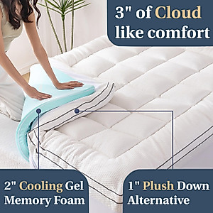 Bivetly Dual Layer 3 Inch Memory Foam Mattress Topper, 2 Inch Cooling Gel Memory Foam Plus 1 Inch Down Alternative Pillow Top Mattress Pad, Soft Elasticized Cover 18" Deep Pocket (Twin)