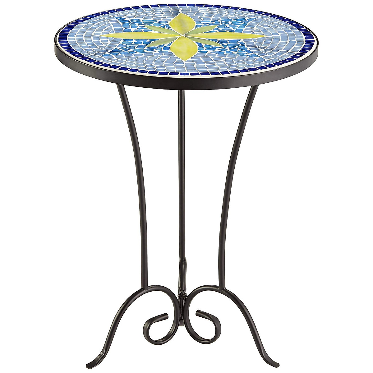 Teal Island Designs Flower Rustic Black Metal Round Outdoor Accent Side Table 17 1/2" Wide Blue Yellow Mosaic Tile Tabletop Gracefully Curved Legs for Spaces Porch Patio Home House Balcony Deck