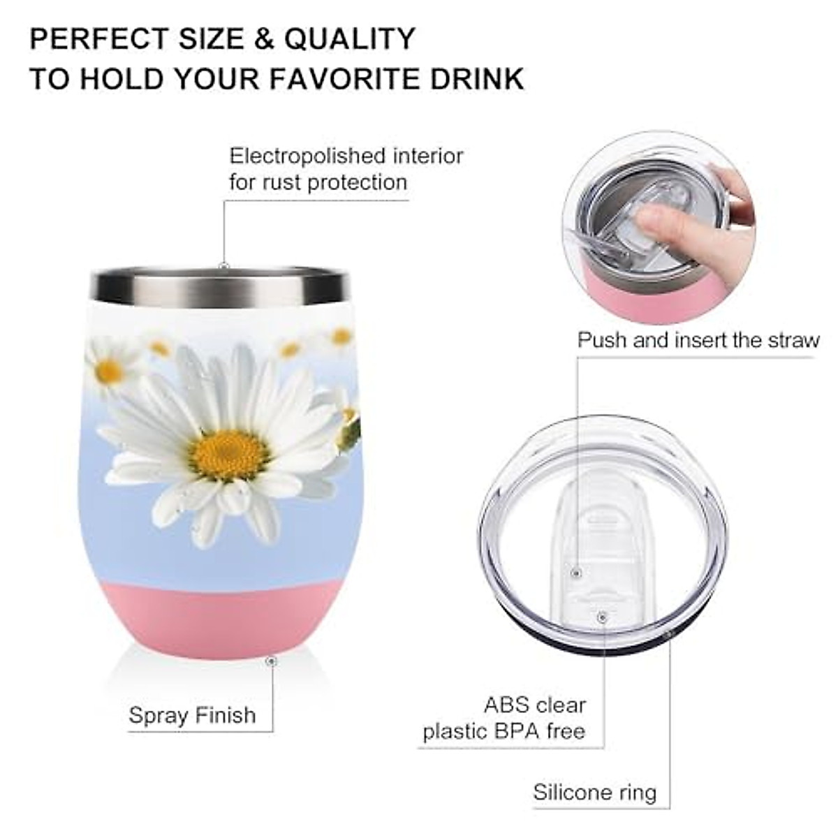 WYUSPGK 304 Stainless Steel Insulated Cup, White Daisy Print Smooth Rim, Durable & Reusable - Perfect for Office, Home, And Travel