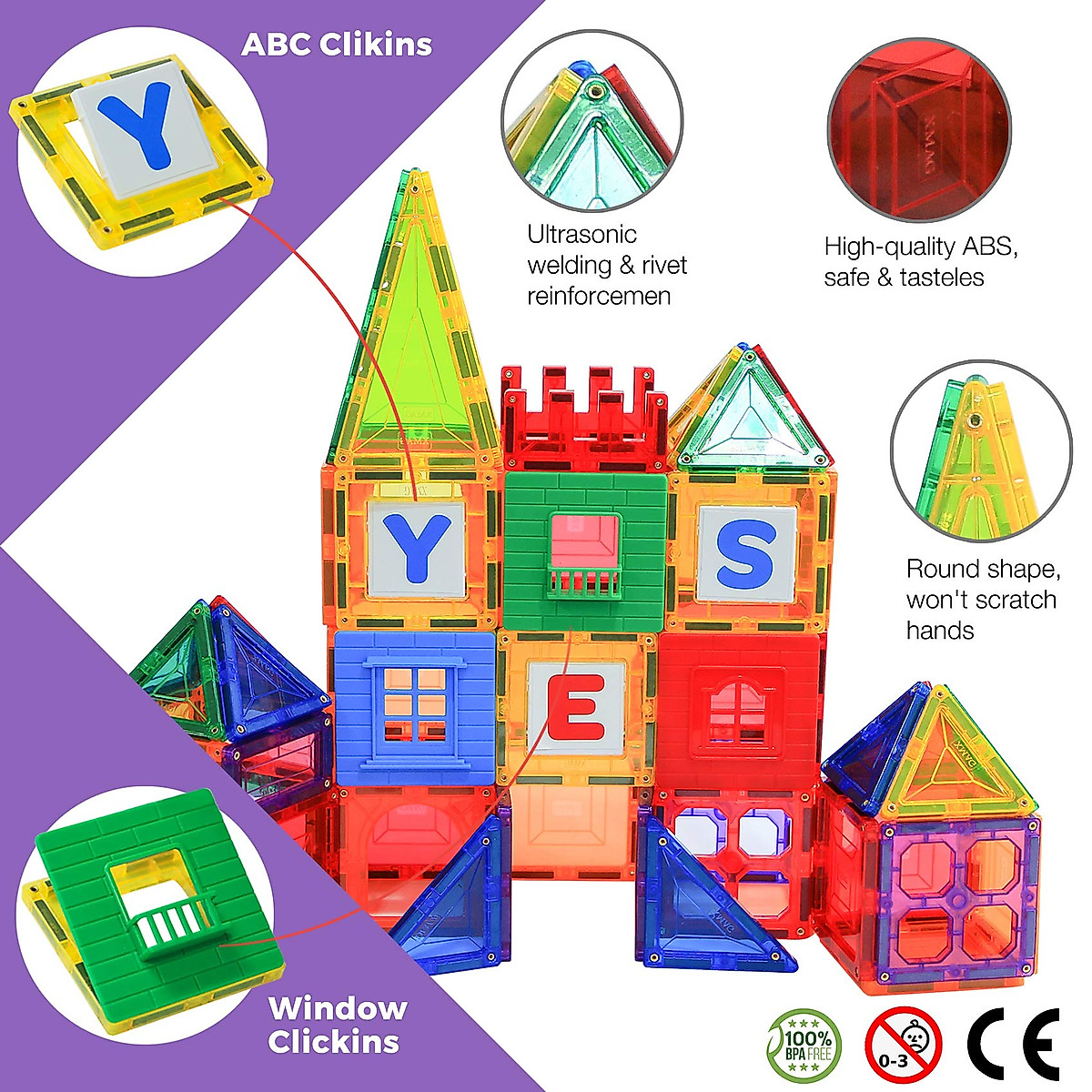 JUMAGA 3D Magnetic Tiles and Stack Building Toys 108pcs Magnet Blocks Set with Alphabet Card STEM Educational Preschool Birthday Gifts for Toddlers Kids Age 3+