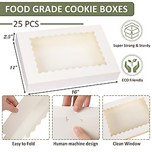 TOMNK 25pcs Cookie Boxes with Window, 16x11x2.5in Large Bakery Boxes for Treats, Desserts, Chocolate Covered Strawberries, Pies, Muffins, Donuts