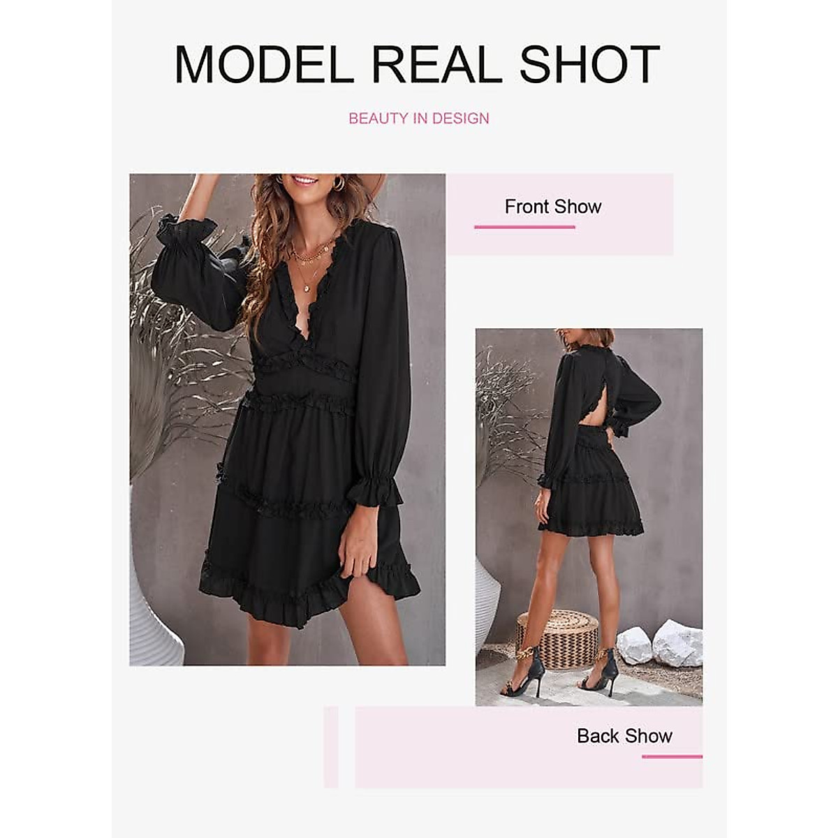 Dokotoo Womens Cute Spring Summer Casual Sexy Deep V Neck Ruffle Chiffon Lantern Long Sleeve Elegant Boho Hawaiian Flowy Mini Short Skirt Dresses for Women Party 2023 Black Small