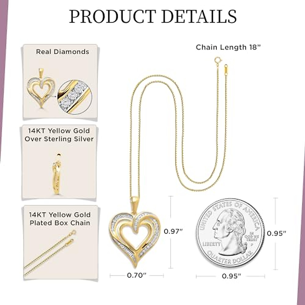Jewelili Womens Heart Yellow Gold Over Sterling Silver Necklace with Natural White Round and Baguette Diamonds 1/4 Cttw 18" Box Chain