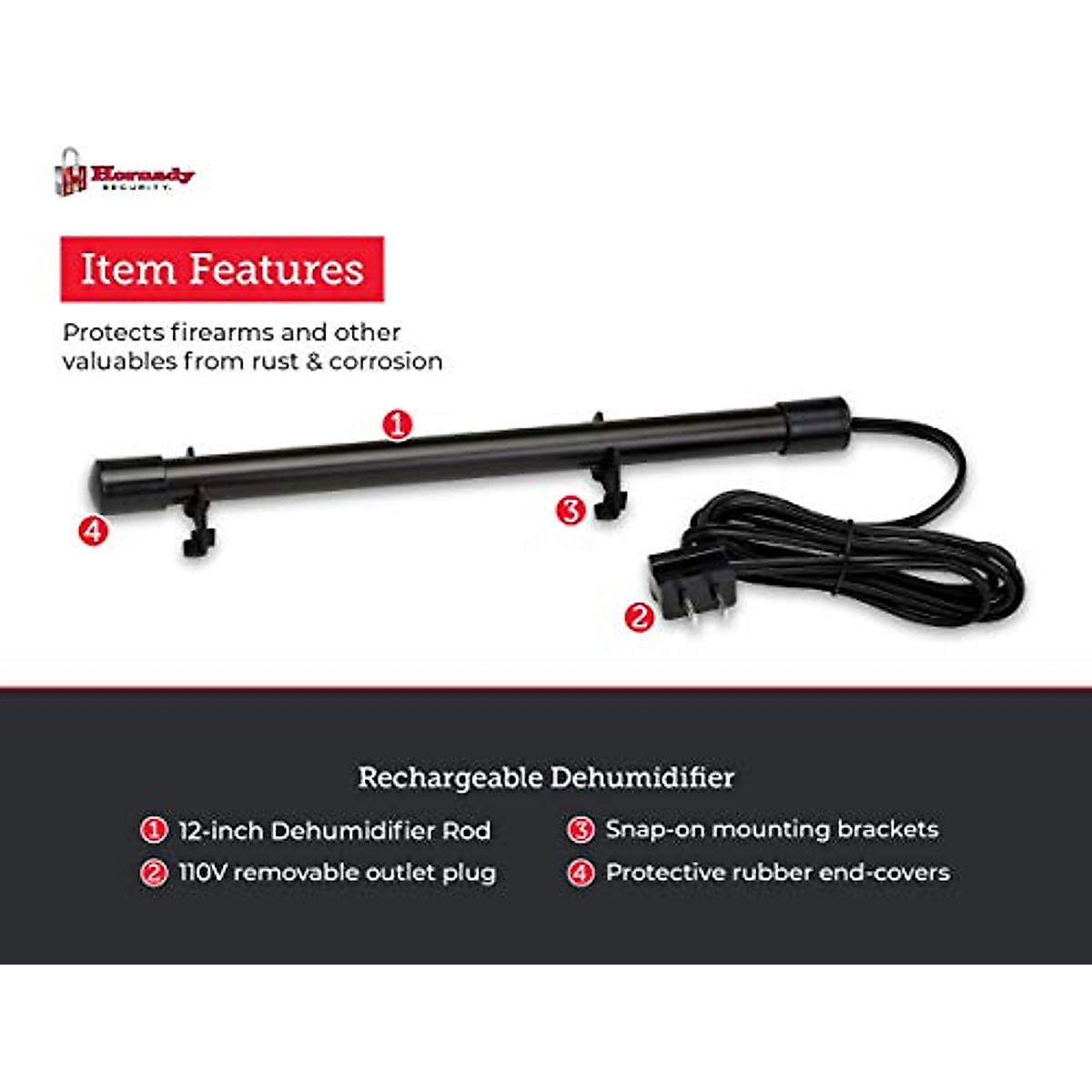 Hornady Gun Safe Dehumidifier Rod 12 Inch, Black, 95903 - Maintenance-Free Plug-In Electric Dehumidifier Eliminates Moisture for Gun Safes & Cabinets to Help Prevent Rust & Corrosion in Your Gun Vault