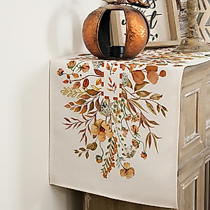 ARKENY Fall Thanksgiving Table Runner 13x72 Inches,Wildflower Leaves Floral Seasonal Burlap Farmhouse Indoor Outdoor Autumn Table Runner for Home AT489-72