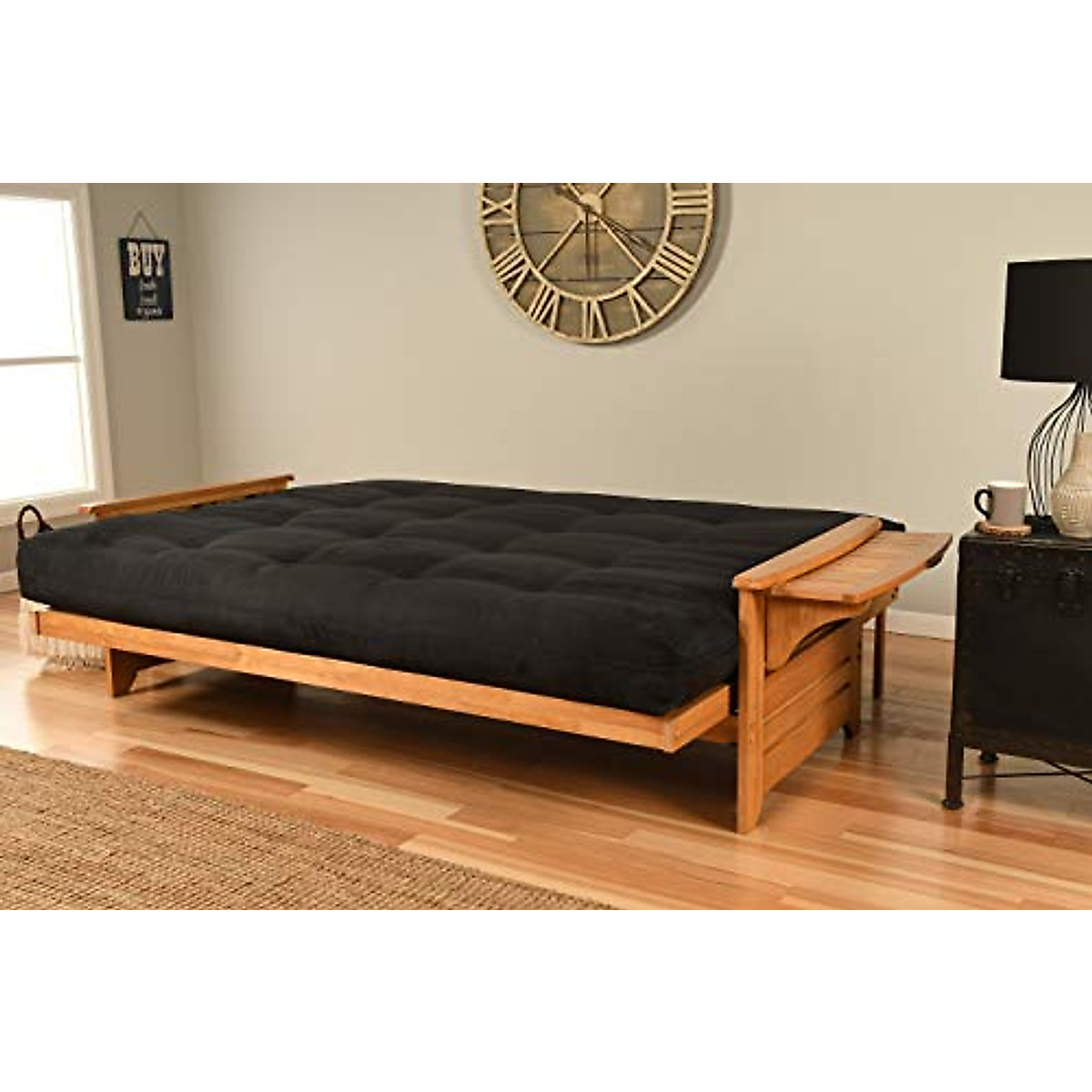 Kodiak Furniture Phoenix Queen Size Futon Set in Butternut Finish, Suede Black Mattress