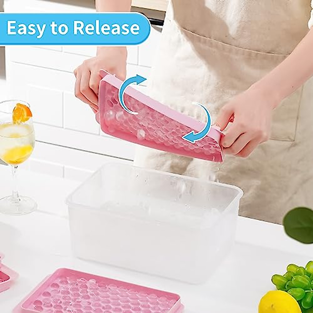 4 Pack Mini Round Ice Cube Tray, Ice Ball Maker Mold for Freezer with Container, Sphere Ice Cube Tray Making 99pcs Circle Ice Chilling Cocktail Whiskey Tea Coffee - Pink