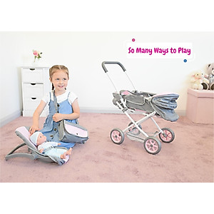 KOOKAMUNGA KIDS 5 Pc Baby Doll Stroller Set - Baby Doll Accessories - Baby Doll Playset w/ Doll Crib Stroller Car Seat - Playpen - Carry Cot - Diaper Bag - Ages 3+ - Deluxe Grey / Pink