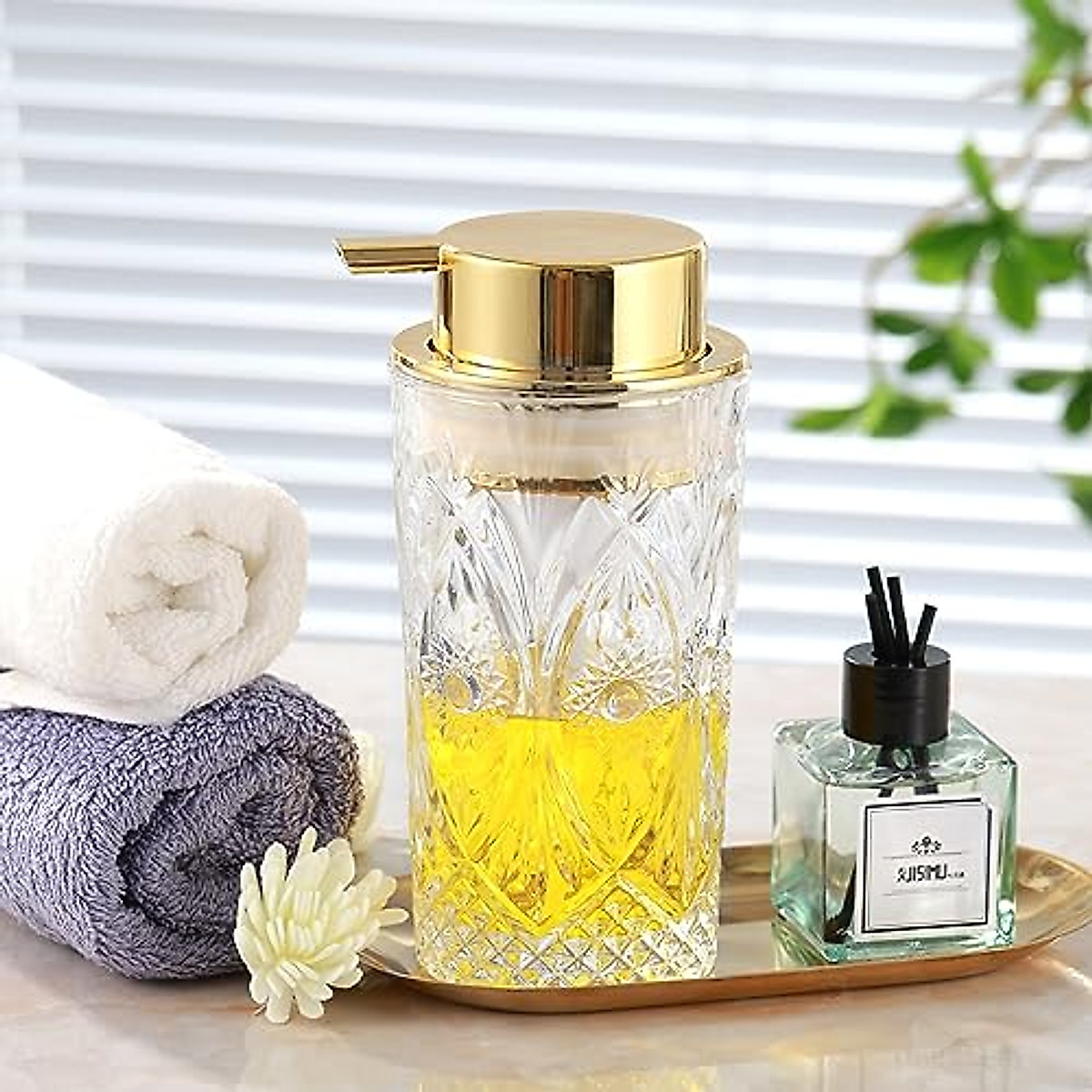 LEICURACE Glass Foaming Hand Soap Dispenser,Foaming Soap Dispenser for Bathroom,Clear Soap Dispenser with Pump (Sun Patteren)