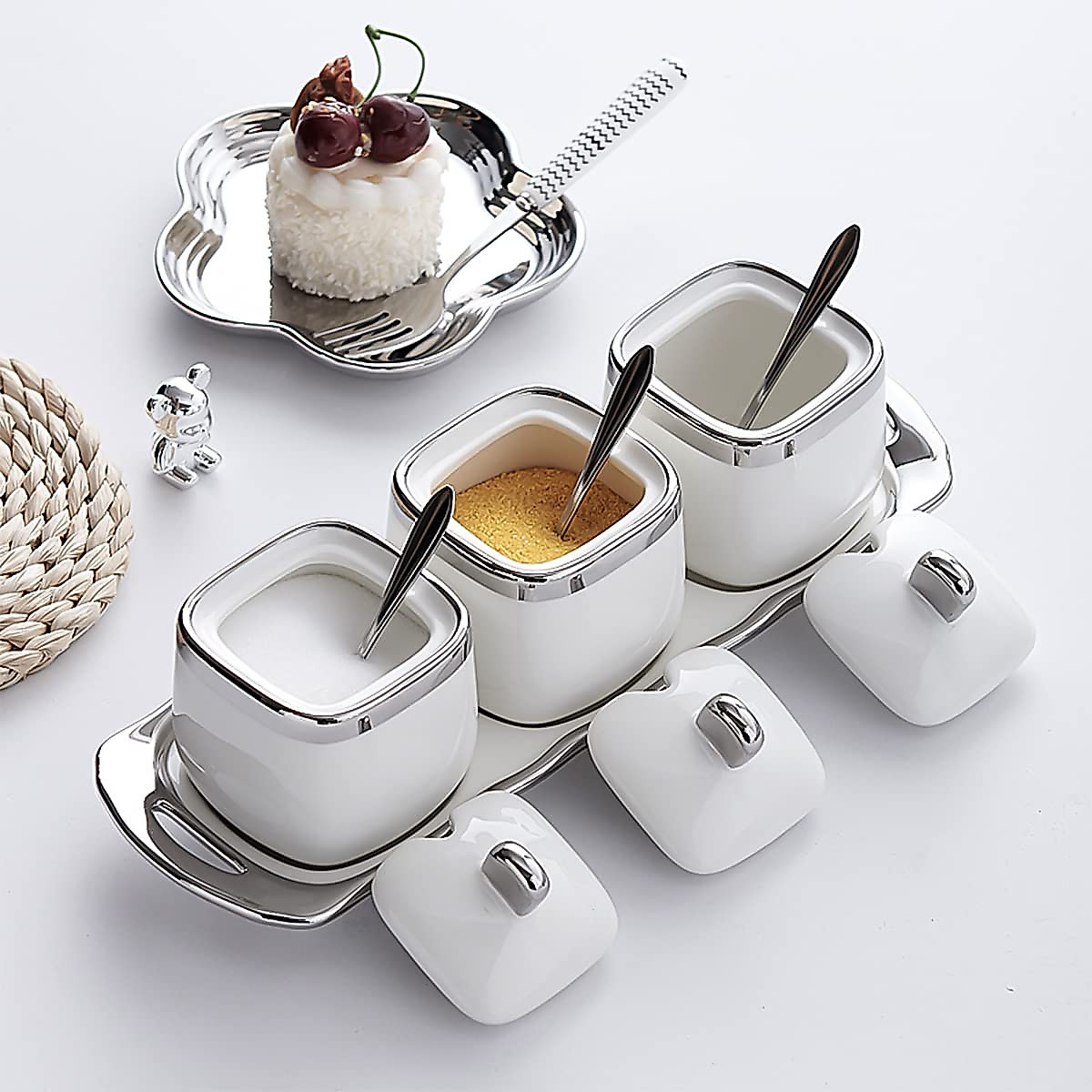 Fvstar Ceramic Sugar Bowls 3pcs Porcelain Seasoning Pots with Spoons,Lid and Tray Kitchen Spice Canister Jar Set Countertop Condiment Container for Sugar,Pepper,Coffee,Spice,Salt (White)