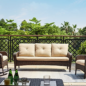 Rilyson Outdoor Patio Sofa, 3-Seat Patio Sectional PE Wicker Sofa, Outdoor Wicker Couch with Deep Seating and Cushions