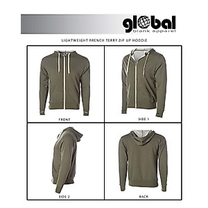 Global Blank Slim-Fit French Terry Sweatshirts for Men and Women, Lightweight Zip-Up Hoodie, Olive, XS
