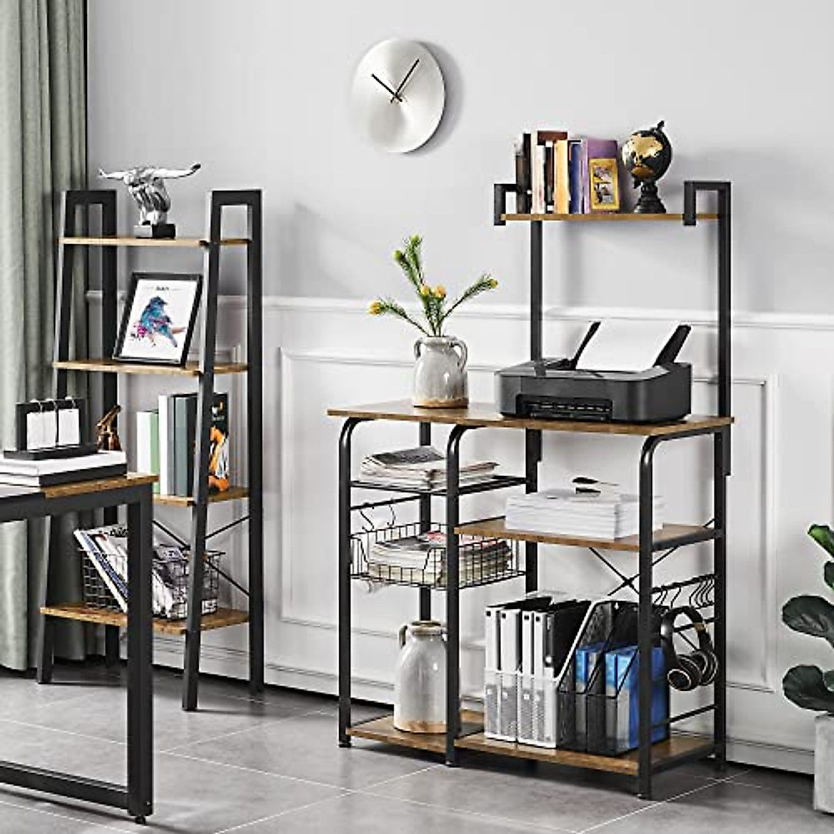 Yaheetech Kitchen Bakers Rack with Wire Basket, Microwave Stand Cart Coffee Bar with 10 S-Hooks, Kitchen Utility Storage Shelf with Wine Storage for Spices, Pots, Pans, Rustic Brown