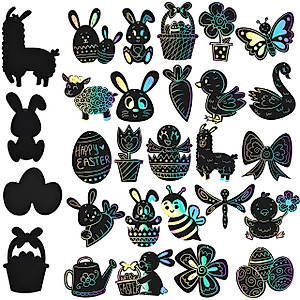 JOYIN 36 PCs Easter Rainbow Scratch Cards Craft Art Set for Kids Including Scratch Card 24 Pendants, 6 Bracelets, 6 Bunny Masks, Kids Easter Craft Kit