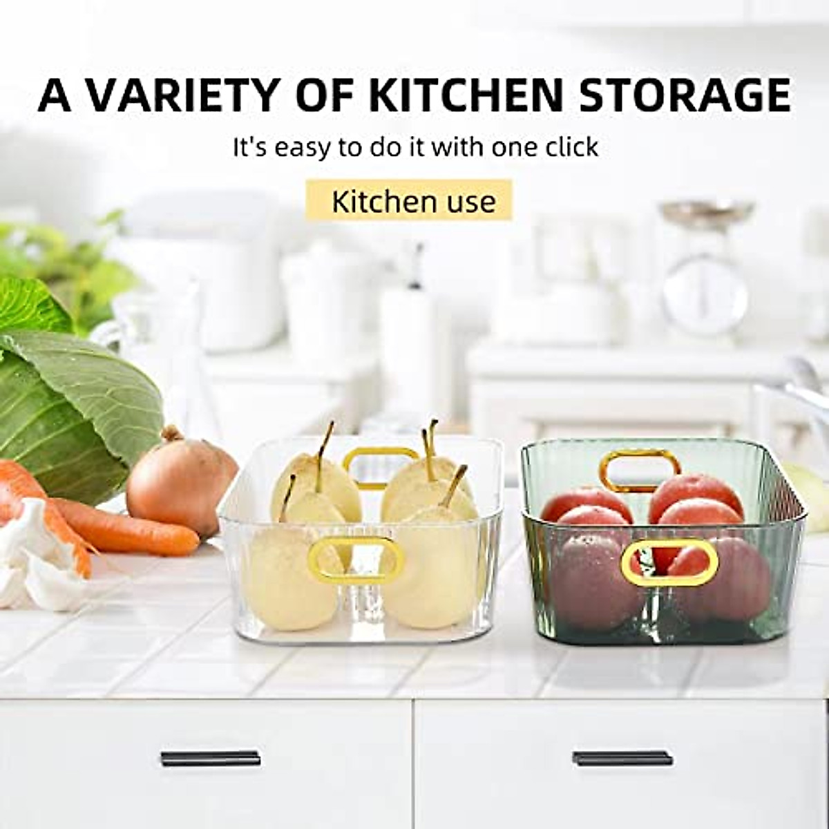 BIEDUM 2 Pack Open Compartment Clear Plastic Organizer, Rectangular Makeup and Vanity Storage Bin and Pantry Caddy with Pass-Through Handles for Bathroom Kitchen Refrigerator Organizers and Storage