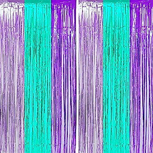 Teal Purple Tinsel Foil Fringe Curtains - Under The Sea Baby Shower Birthday Photo Backdrops Wedding Summer Beach Pool Party Decor Photo Booth Props Backdrops Decorations, 2PC