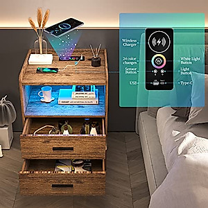 dnbss Brown Nightstand with Charging Station, Smart Bedside Table with 24-Color RGB LED Lights, Charging Nightstand for Bedroom, Modern End Side Table for Living Room Office