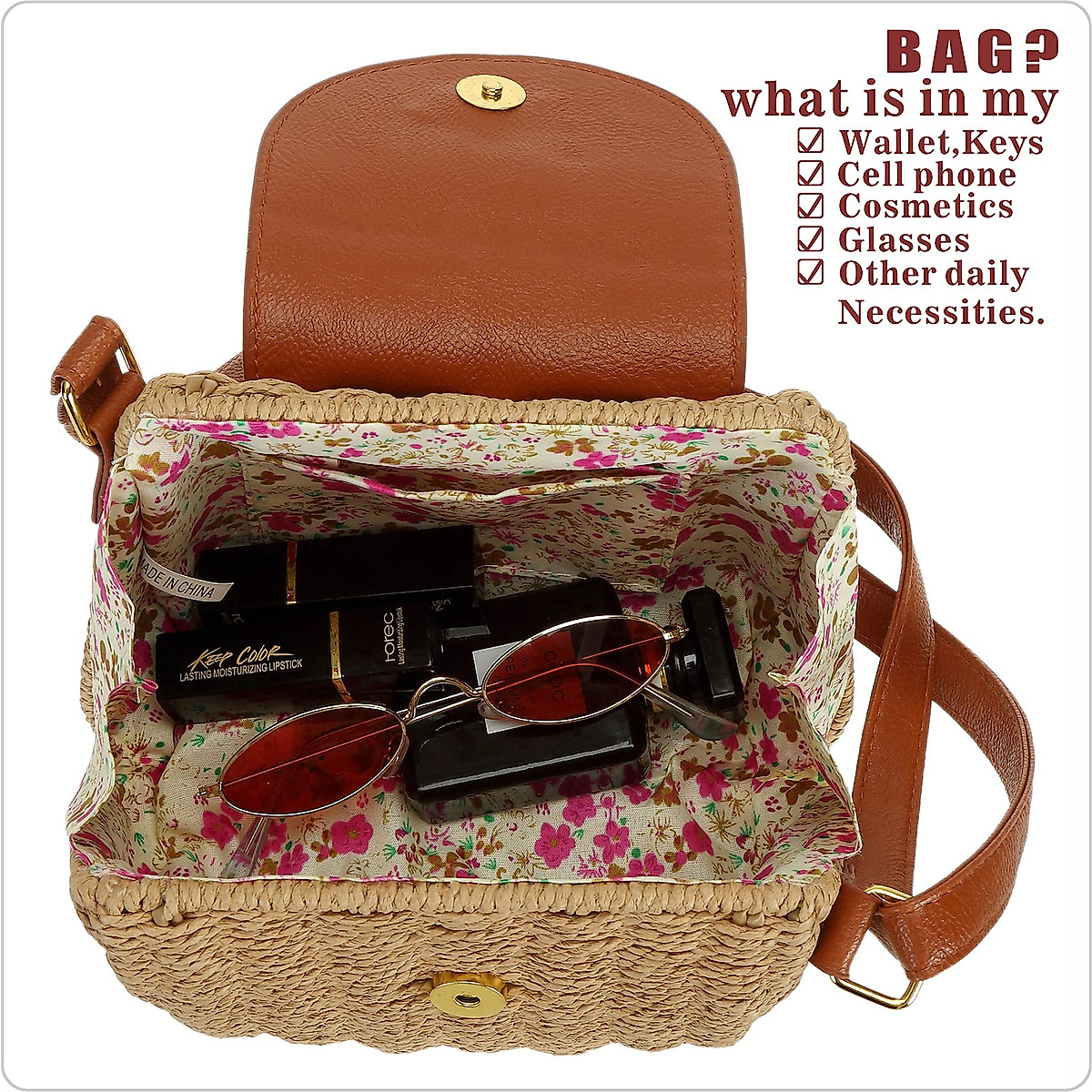 So'each Women's Handmade Wicker Woven Purse Tassels Message Crossbody Shoulder Bag Khaki