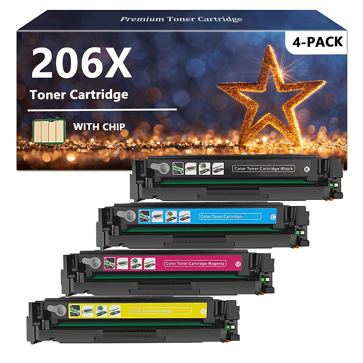 206X Toner Cartridge (with Chip) Compatible for HP W2110X W2111X W2112X W2113X Toner, Work for Color Pro M255dw M255nw MFP M282nw M283 Series Printers, 1 Set