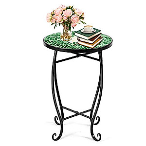 Giantex Outdoor Side Table, Mosaic Patio Table, 14inch Accent Table Plant Stand, Ceramic Tile Top Metal Frame, Small End Table Porch Beach Patio Garden Balcony Poolside