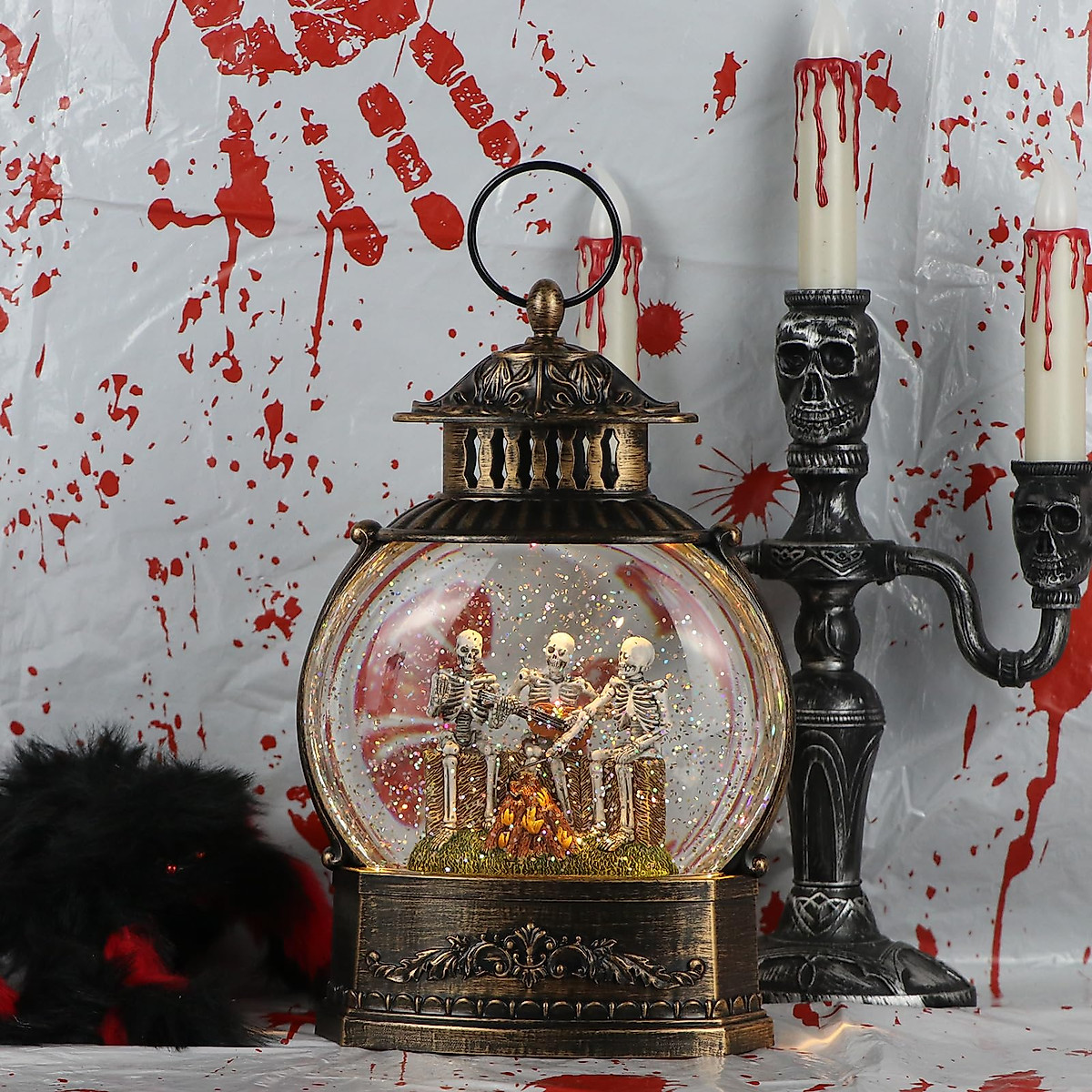 DRomance Halloween Skeleton Snow Globe Lantern with 6H Timer Battery Operated USB Powered Lighted Water Glitters Bronze Canteen Shaped Snow Globe Halloween Decoration Children Gift(6 x 3.2 x 11 Inch)