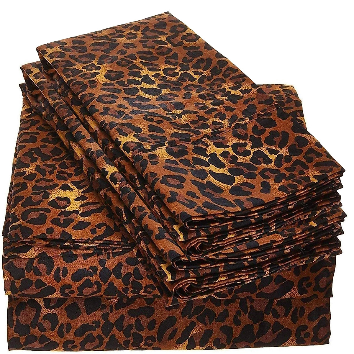 1000-Thread-Count, 100% Egyptian Cotton, 6-PC Sheet Set |1 Fitted, 1 Flat, 4 Pillowcases| 1000TC Soft Breathable Long Staple Cotton, Fits 18" Deep Pockets - Queen Size, Leopard Print Color