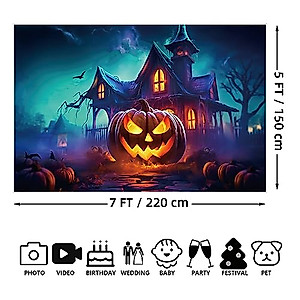MOONDECO Photography Background 7x5ft Halloween Frame Jack O Lantern Fire Castle Window Backdrop Children Party Props Blue Sky Bat Decor Photo Booth