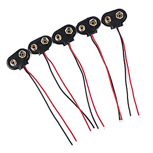 Teqooza 9V-Battery Clip Connector, 9 Volt Long Cable Connection Soft Shell T Type Black, Pack of 5