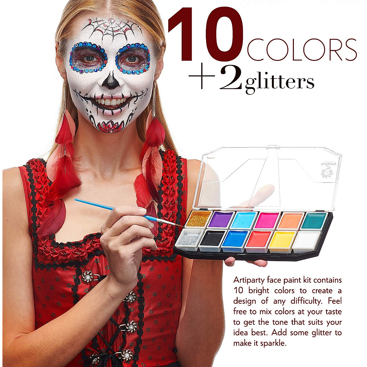 Face Paint Kit – Dermatologically Tested – Non-Toxic & Hypoallergenic – Professional Face Painting Kit for Kids & Adults – Cosplay Makeup Kit – Easy to Apply & Remove – Leakproof Dry Glitters