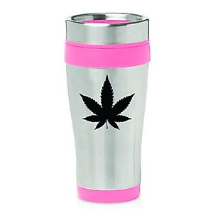 16oz Insulated Stainless Steel Travel Mug Coffee Mug Tumbler Cannabis Marijuana Pot Leaf (Pink)