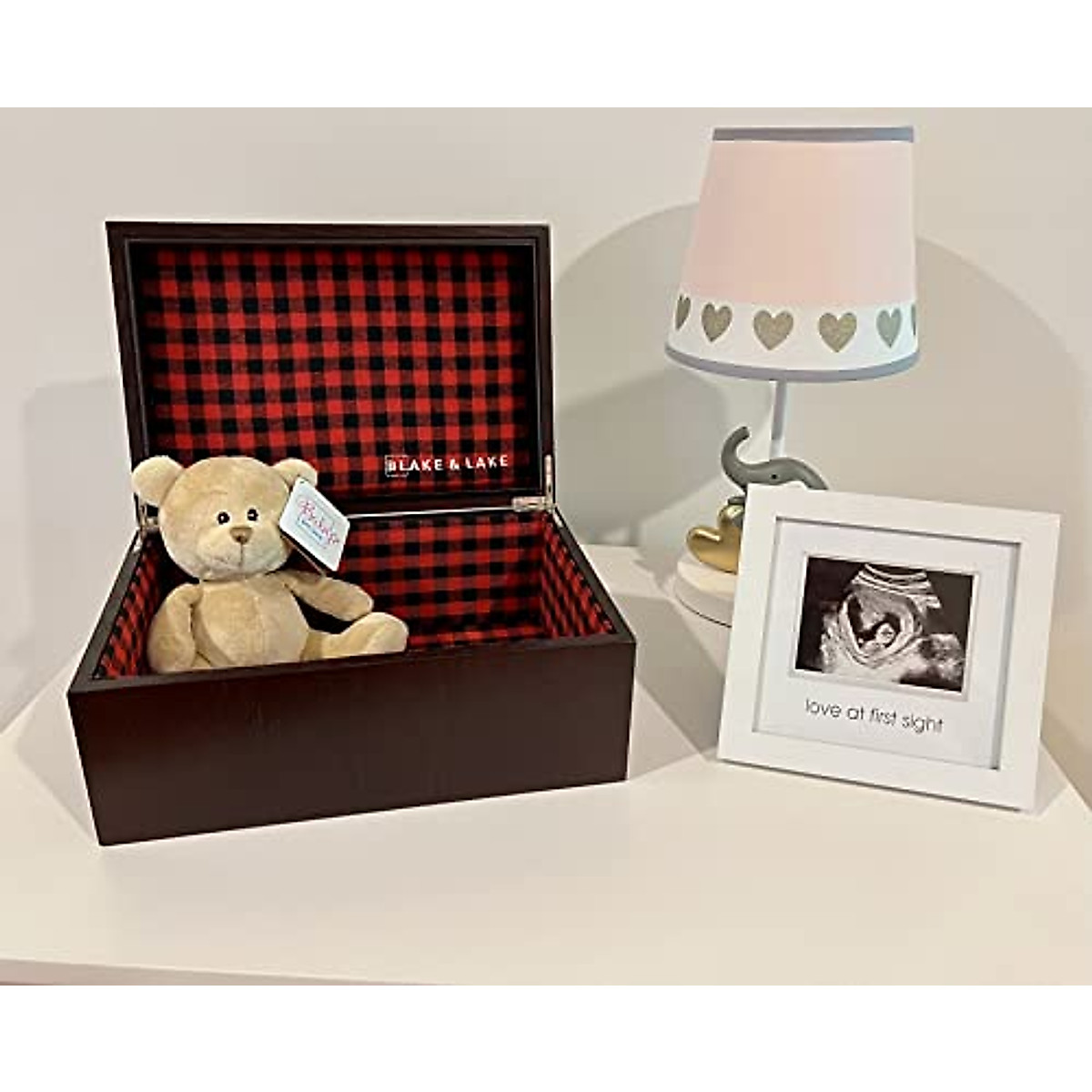 Large Oak Wooden Keepsake Box - Storage Box Lined with Buffalo Plaid - Wooden boxes with Hinged Lid - Decorative Box for Home Jewelry Baby (Hinge Box)