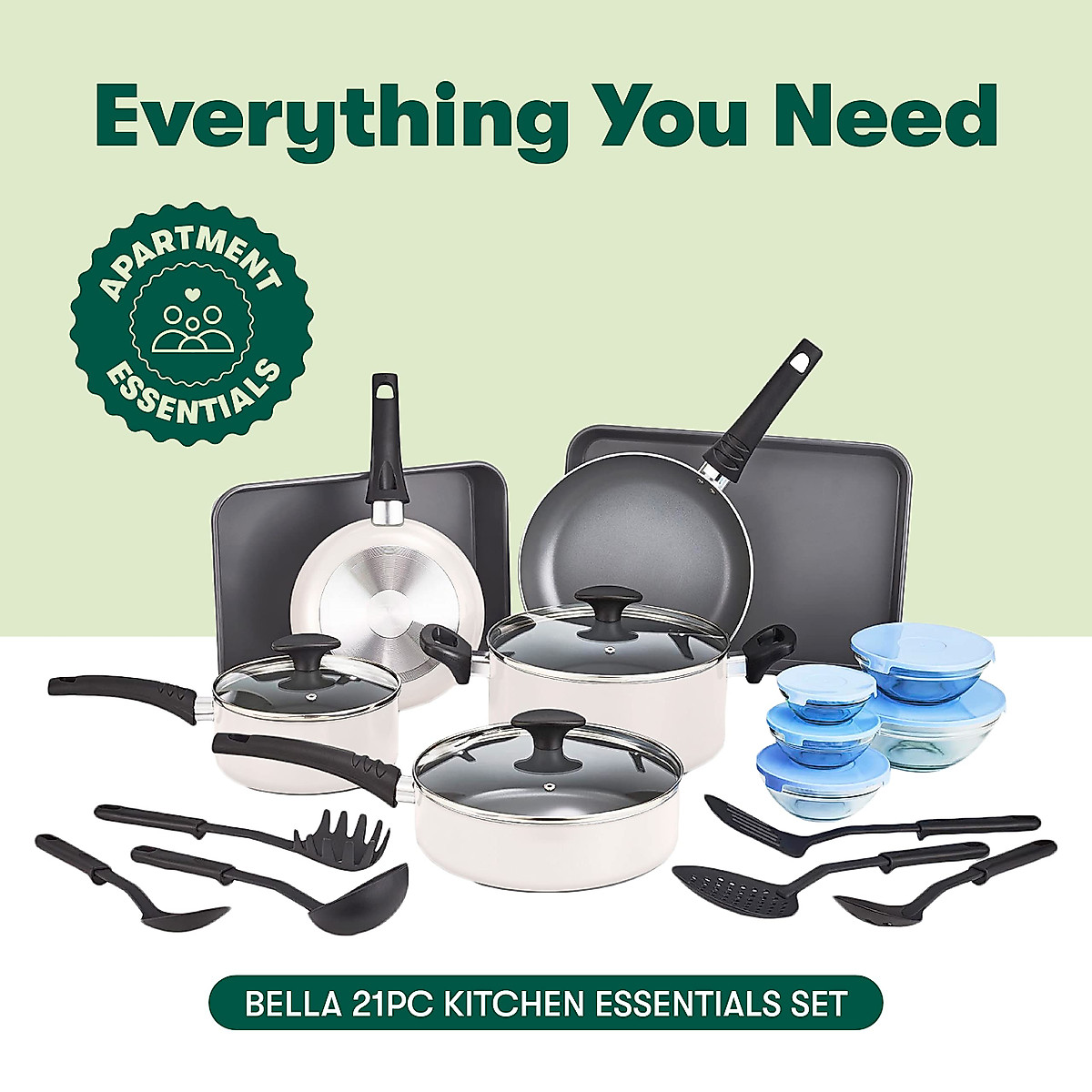 BELLA Nonstick Cookware Set with Glass Lids - Aluminum Bakeware, Pots and Pans, Storage Bowls & Utensils, Compatible with All Stovetops, 21 Piece, White