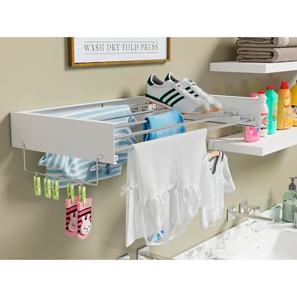 SKIKEN Wall Mounted Hidden Drying Rack for Laundry Room, Wall Compact Clothes Drying Rack, Space Saving Master, Collapsible and Pull-Out, 5 Stainless Steel Rods, 2 Towel Handles (Medium-32, White)
