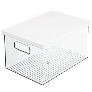 mDesign Plastic Pantry Storage Box Container with Lid and Built-In Handles - Organization for Flour, Cereal, Pasta, Rice, or Food in Kitchen Cupboard, Ligne Collection, Clear/White