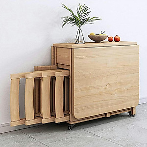 Dining Table Set, Solid Wood Drop Leaf Table, Extendable Moveable Folding Table with Wheels and 4 Chair, Saving Space, Round Edge Design, for Kitchen Dining Room