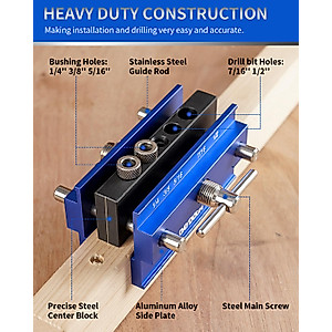 DAYDOOR Self Centering Doweling Jig Kit, Adjustable Width Dowel Jig for Woodworking, Centering Jig for Straight Holes Biscuit Joiner Set with 6 Bushings(Blue)