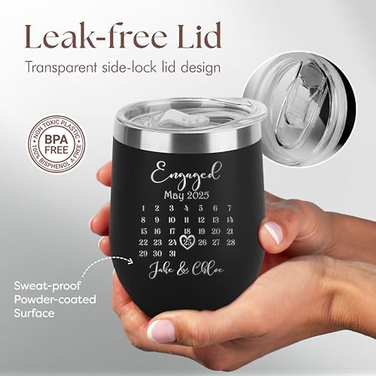 Custom Wedding Engaged Calender Save the Date Keepsake Engraved Insulated Stainless Steel Wine Tumbler with Lid 12 oz. Personalized Engagement Announcement Gift for Bride Groom (Black)