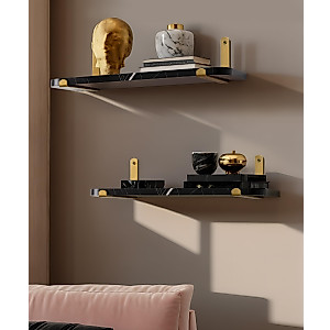 Afuly Black Floating Shelves for Wall, Gold Shelf for Home Decor, 16 inch Wall Mounted Shelves for Living Room Bedroom Bathroom, Modern Luxury Storage Display Marble Shelf