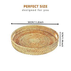 Rattan Round Serving Tray,Hand-Woven Wicker Circular Tray Tabletop Storage Space,Used to Decorate Storage, Bread,Fruit,Vegetables,Store Breakfast Snacks,11.8 inch
